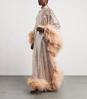 TALLER MARMO Sequined Casta Disco Kaftan Maxi Dress With Feather Trim - Silver