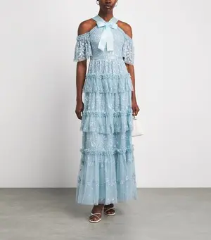 NEEDLE & THREAD Tulle Embroidered Primrose Gown - Blue