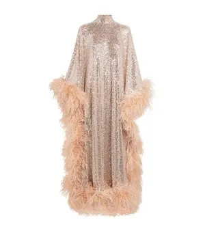 TALLER MARMO Sequined Feather Trimmed Kaftan Maxi Dress - Silver
