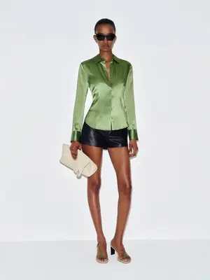 REFORMATION Raya Fitted Silk Shirt Jade
