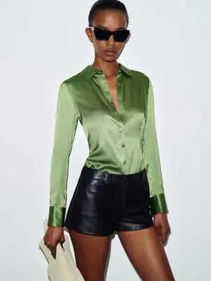 REFORMATION Raya Fitted Silk Shirt Jade