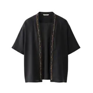 ORIGIN OF HEARTS Noir Hand-embroidered Linen Kimono Shirt - Black