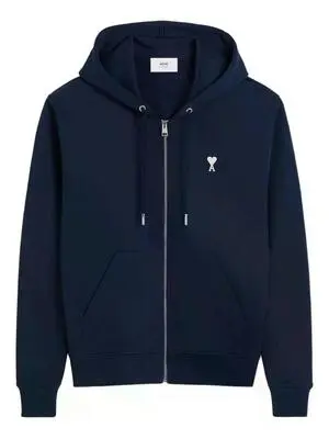 AMI Paris Logo Embroidered Zip-up Hoodie - Blue