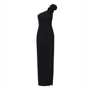 LITA COUTURE Crepe Rosette Appliqué Asymmetric Dress - Black