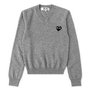Play Comme Des Garcon V-neck Pullover With Black Heart Applique - Grey