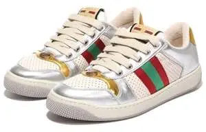 Gucci Screener Metallic Calfskin Web Sneakers - Silver/gold