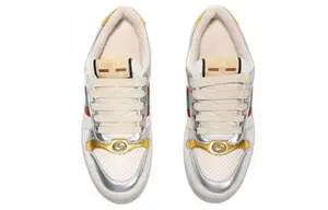 Gucci Screener Metallic Calfskin Web Sneakers - Silver/gold