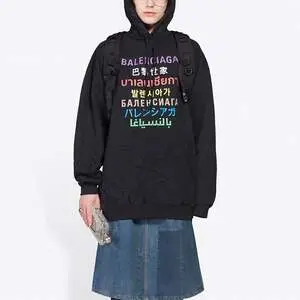 Balenciaga Multi-color Logo Printing Hoodie - Black