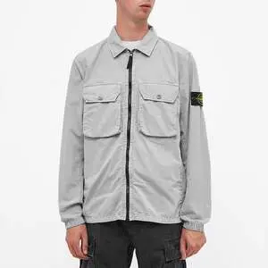 Stone Island 2 Pocket Brushed Cotton Shirt Jacket - Light Grey