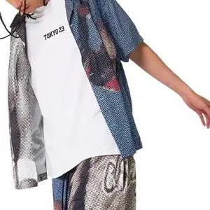 JORDAN Printing Colorblock Wide Version Embroidered Lapel Short Sleeve Shirt Black