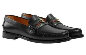 Gucci Black Leather Loafer With Interlocking G And Web Detail
