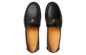 Gucci Black Leather Loafer With Interlocking G And Web Detail