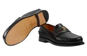Gucci Black Leather Loafer With Interlocking G And Web Detail