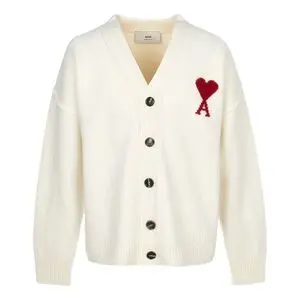AMI Paris Merino Wool Cardigan With Heart Logo - Ivory/red