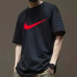 Nike Solid Color Large Logo Printing Round Neck Short Sleeve Black T-shirt
