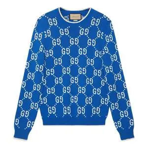 Gucci Jumbo Gg Jacquard Crew Neck Sweater - Blue/ivory