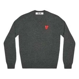Play Comme Des Garcon V-neck Pullover With Red Emblem - Grey