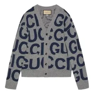 Gucci Wool Cardigan With All-over Gg Intarsia - Grey/blue