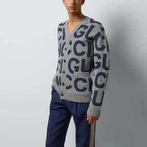 Gucci Wool Cardigan With All-over Gg Intarsia