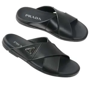 Prada Leather Criss-cross Slides - Black