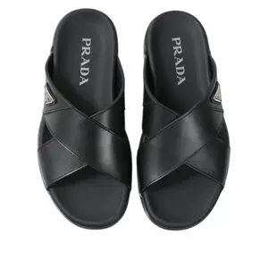 Prada Leather Criss-cross Slides - Black