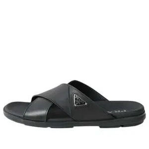 Prada Leather Criss-cross Slides - Black