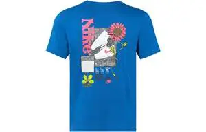 Nike Logo Plant Flowers Pattern Printing Round Neck Casual Short Sleeve Sky Blue T-shirt - Multi-color