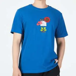 Nike Logo Plant Flowers Pattern Printing Round Neck Casual Short Sleeve Sky Blue T-shirt - Multi-color