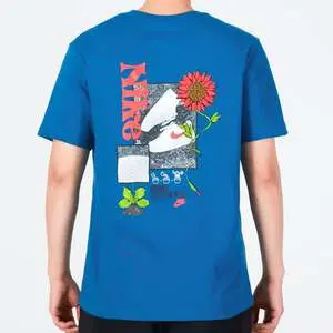 Nike Logo Plant Flowers Pattern Printing Round Neck Casual Short Sleeve Sky Blue T-shirt - Multi-color