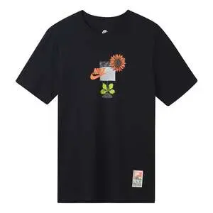 Nike Logo Plant Pattern Printing Round Neck Casual Short Sleeve Black T-shirt - Multi-color