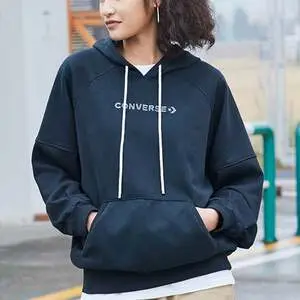 CONVERSE Logo Embroidered Loose Knit Hoodie - Black