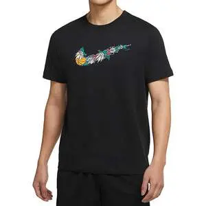 Nike Flowers Large Logo Casual Sports Solid Color Round Neck Short Sleeve Black T-shirt - Multi-color