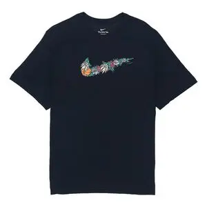 Nike Flowers Large Logo Casual Sports Solid Color Round Neck Short Sleeve Black T-shirt - Multi-color