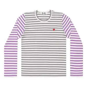 Play Comme Des Garcon L/s Bi-colour Striped Small Emblem T-shirt 'grey Purple - Grey/purple