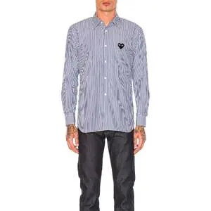 Play Comme Des Garcon Black Emblem Striped Button Down - Blue