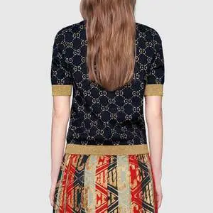 Gucci Gg Cotton Silk Short Sleeve Top - Navy