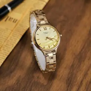 Casio Gold Tone Stainless Steel Watch With Gradient Dial And Sapphire Crystal