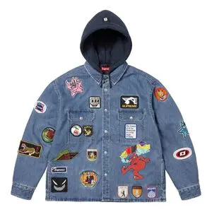 Supreme Patches Hooded Zip Up Shirt - Denim