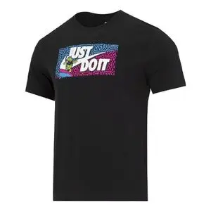 Nike Square Brand Logo Cartoon Printing Round Neck Casual Short Sleeve Black T-shirt - Multi-color
