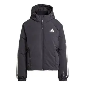 Adidas Puffy Down Jacket With Hood And Striped Sleeves - Black