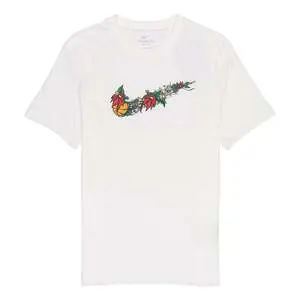 Nike Flowers Large Logo Casual Sports Solid Color Round Neck Short Sleeve White T-shirt - Multi-color