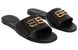 Balenciaga Groupie Sandals With Gold Tone Bb Logo - Black/gold