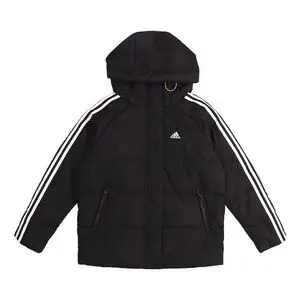 Adidas Padded Hooded Down Jacket With Signature Stripes - Black