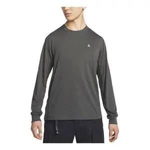 Nike Dri-fit Solid Color Logo Embroidered Casual Round Neck Long Sleeves Black Smoke Gray T-shirt