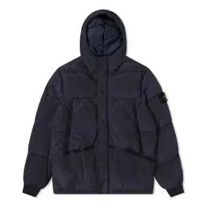 Stone Island Nylon Badge Logo Hooded Down Jacket - Navy