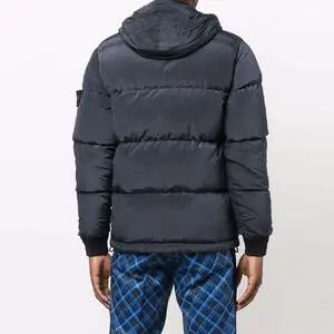 Stone Island Nylon Badge Logo Hooded Down Jacket - Navy