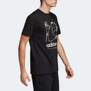 Adidas Originals Hand Painted Character Logo Round Neck Cartoon Short Sleeve Black T-shirt - Multi-color