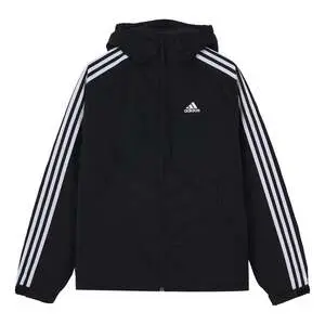 Adidas Hooded Down Jacket With Logo Printing And Side Stripe Detail - Black