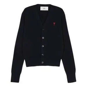 AMI Paris V-neck Cardigan With Embroidered Logo - Navy