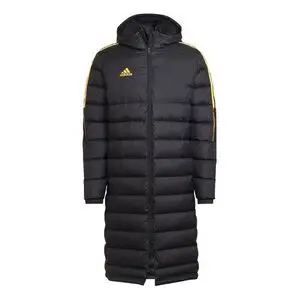 Adidas Mid-length Hooded Down Jacket With Small Logo And Sporty Stripes - Black